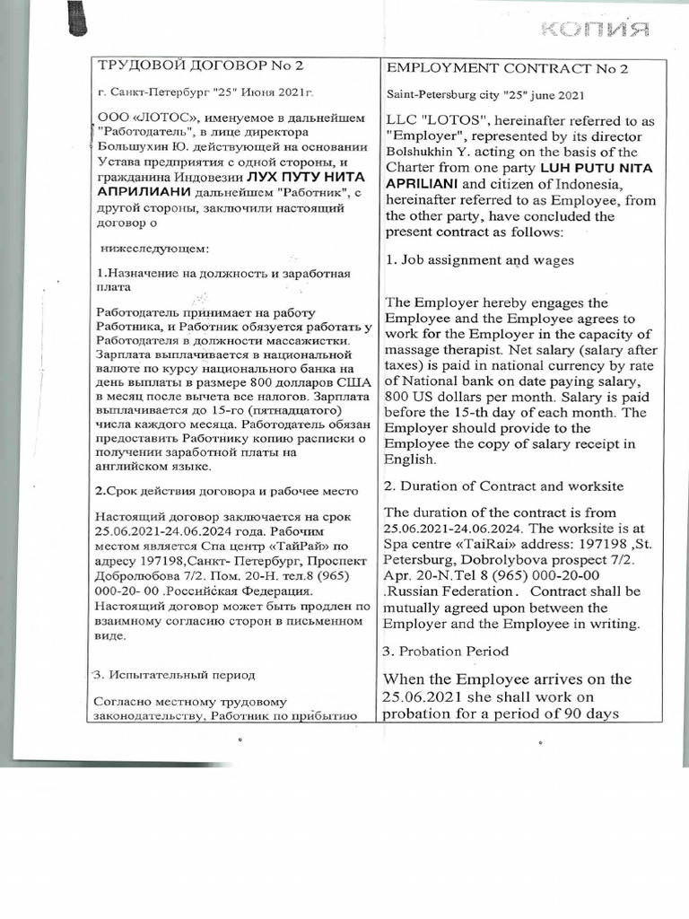 EMPLOYMENT CONTRACT IN RUSSIA | PDF