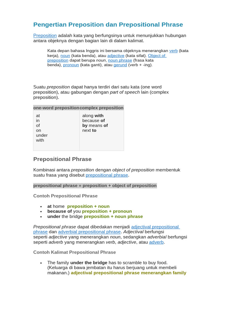 Pengertian Preposition Dan Prepositional Phrase | PDF