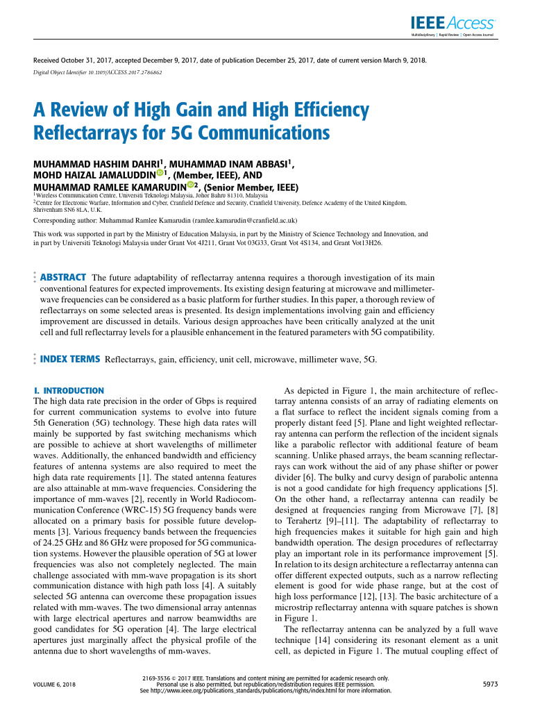 A Review of High Gain and High Efficiency Reflectarrays For 5G ...