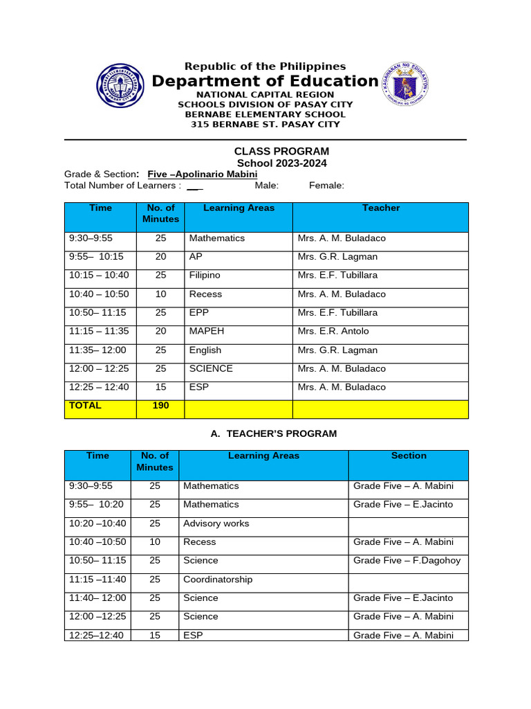 Alternative Schedule Class - Program-5-A. Mabini | PDF | Philippines