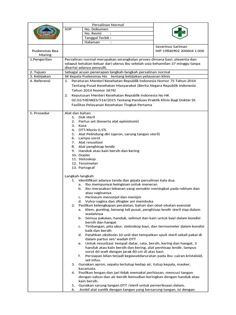 SOP Persalinan Normal di Puskesmas | PDF