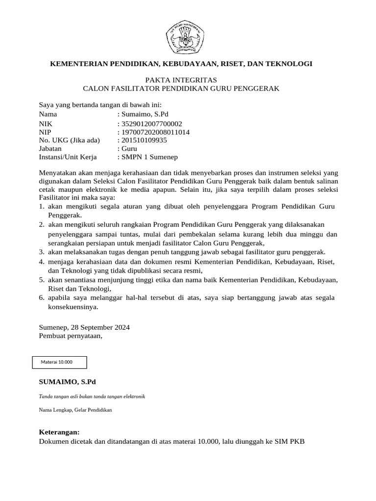 Pakta Integritas CF 21 REKOGNISI | PDF