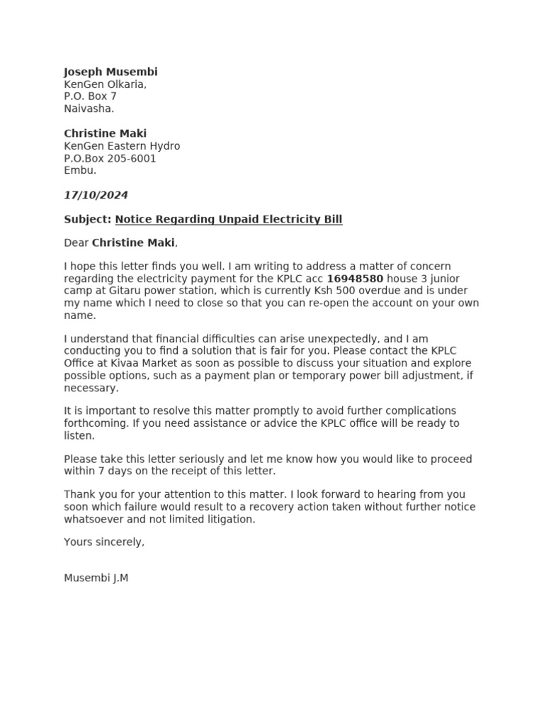 Letter For KPLC Bill Payment | PDF