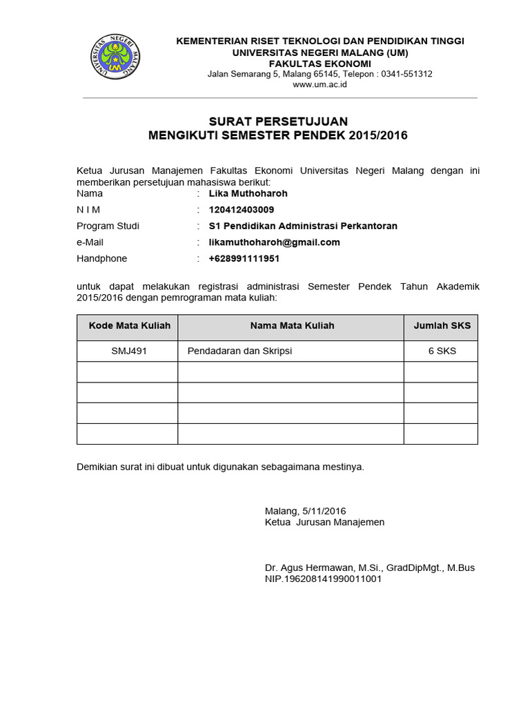 SURAT PERMOHONAN SP Lika Muthoharoh | PDF