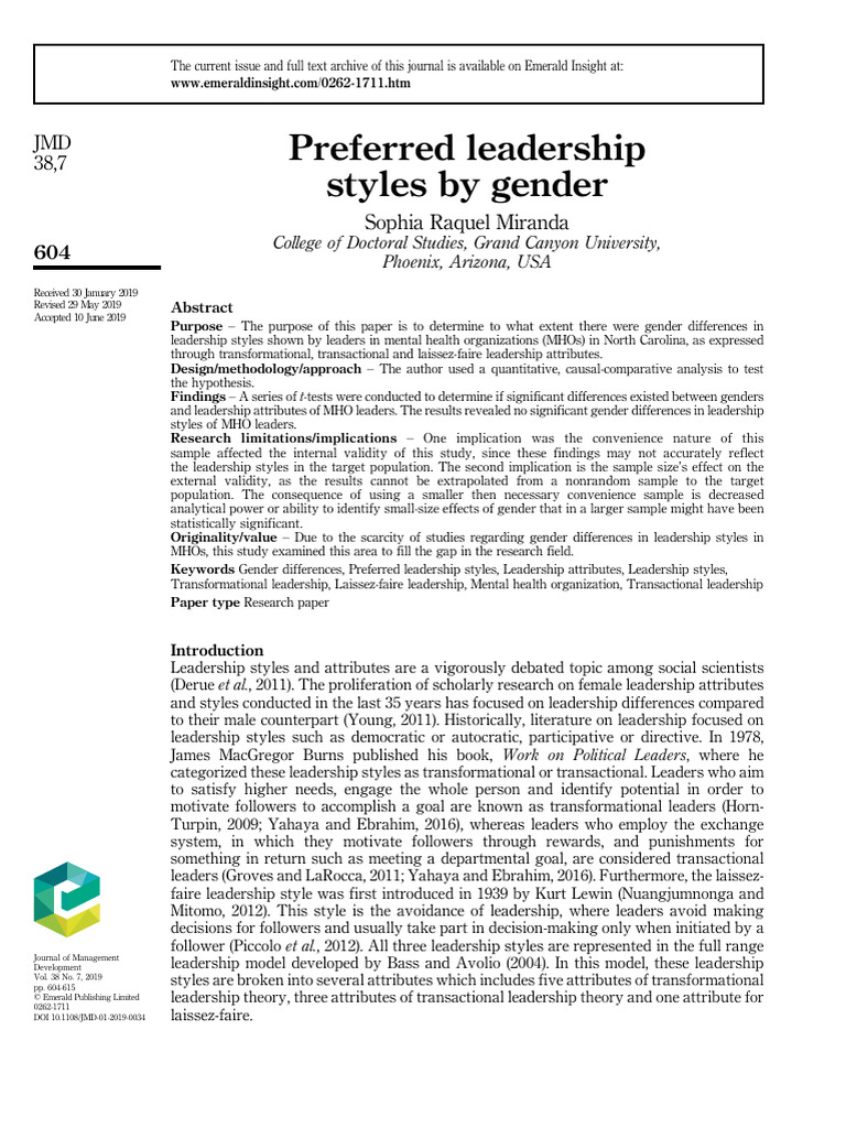 2. Preferred leadership styles by gender | PDF | Student's T Test ...