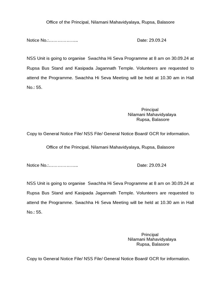 NSS Swachha Hi Seva Programme Notice | PDF