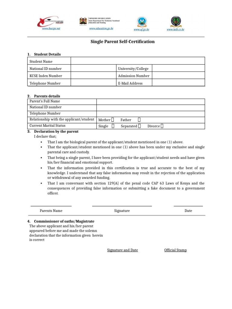 Single Parent Self Certification 2024 | PDF