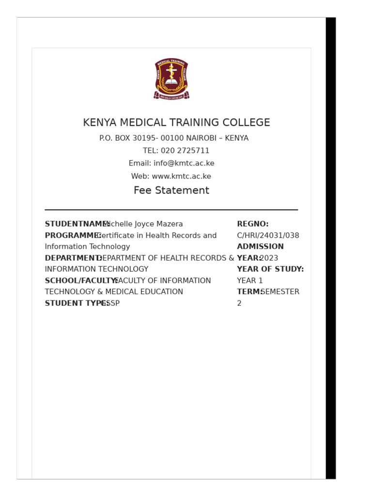 Sample KMTC Fee Statement | PDF