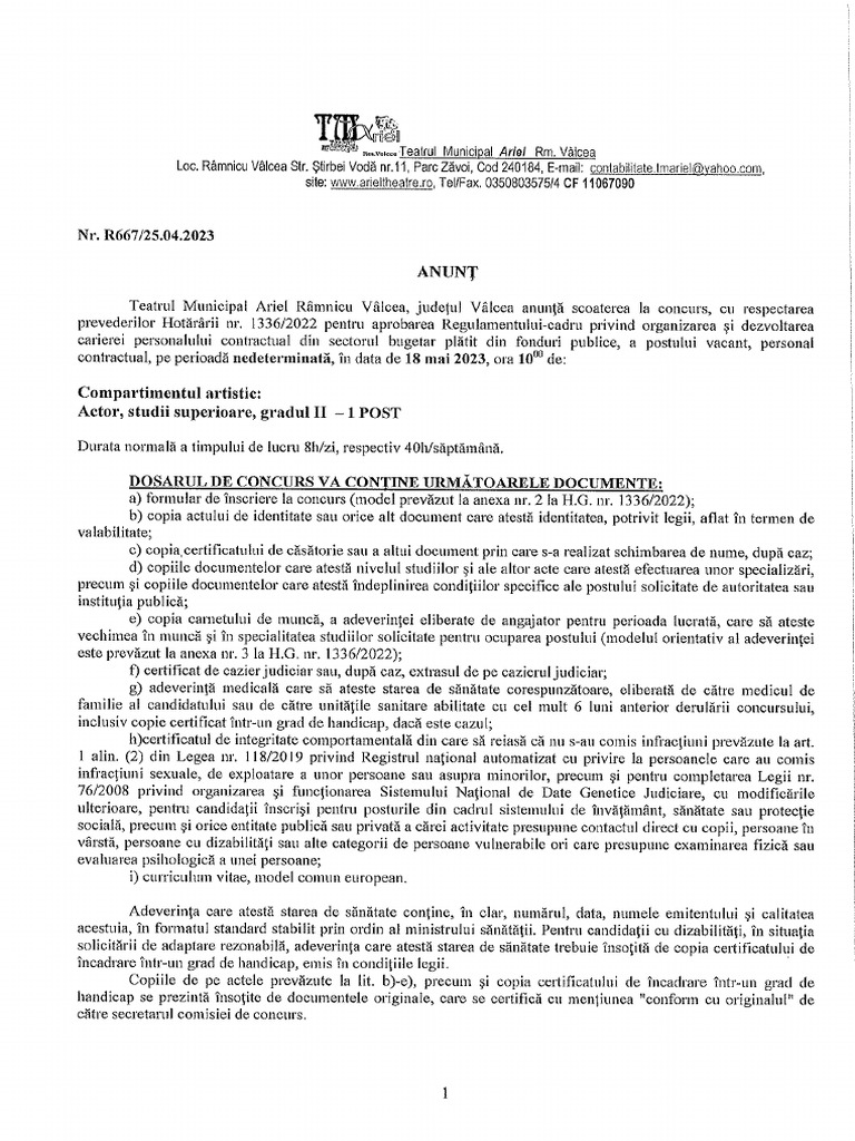 Anunt Concurs Actor Gradul II S | PDF