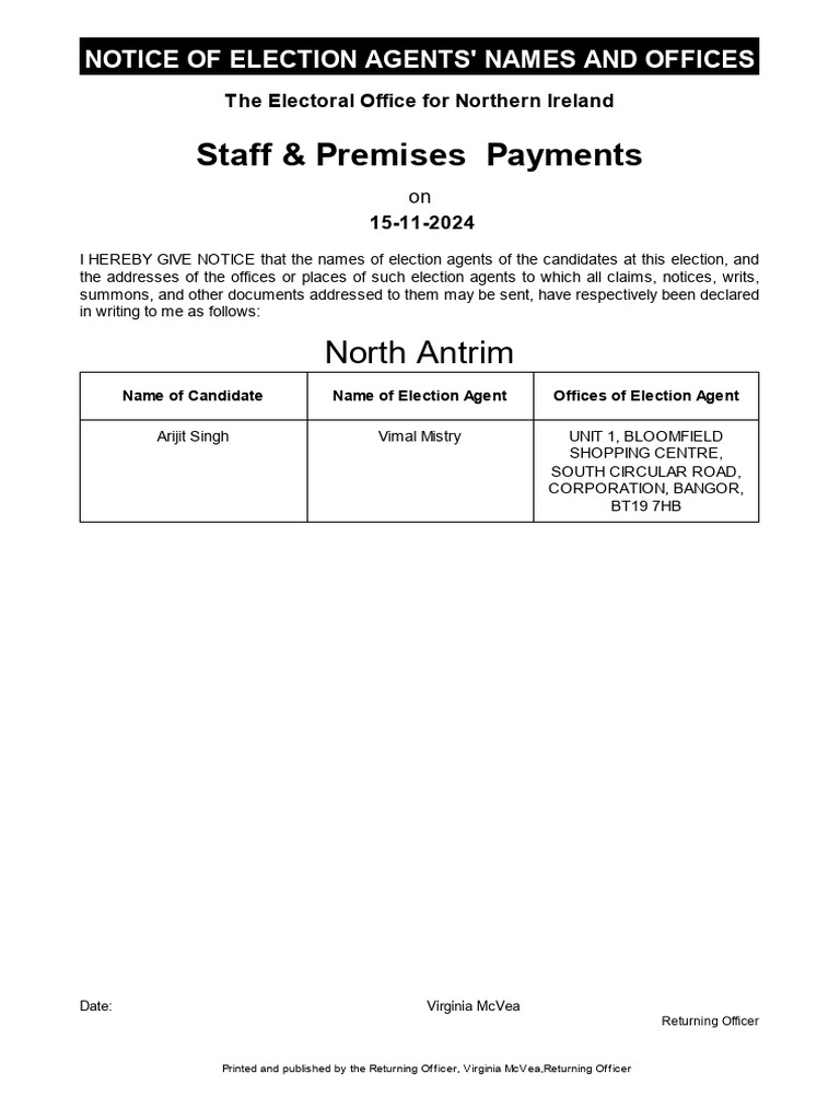 Election Agents' Names for North Antrim | PDF