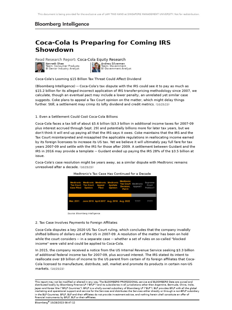 Coca-Cola's Looming $15 Billion Tax Threat Could Affect Dividend | PDF ...