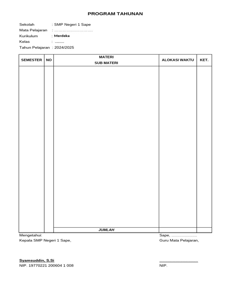 FORMAT Prota - PROGRAM TAHUNAN 2024-2025 MERDEKA | PDF