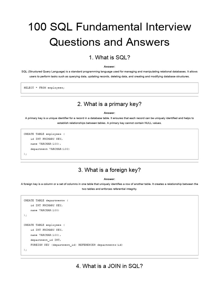 100 SQL Fundamental Interview Question With Answers | PDF | Database Index | Relational Database