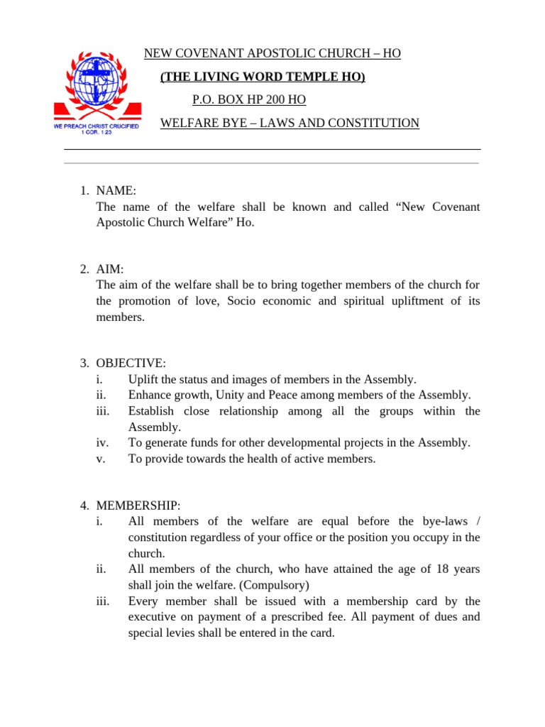New Covenant Apostolic Church Welfare Constitution | PDF | Government