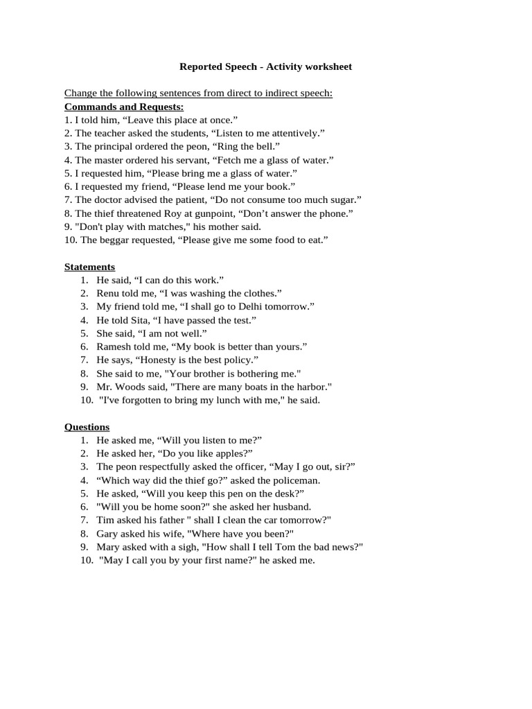 ASN Reported Speech - Activity Worksheet | PDF | Linguistics | Grammar
