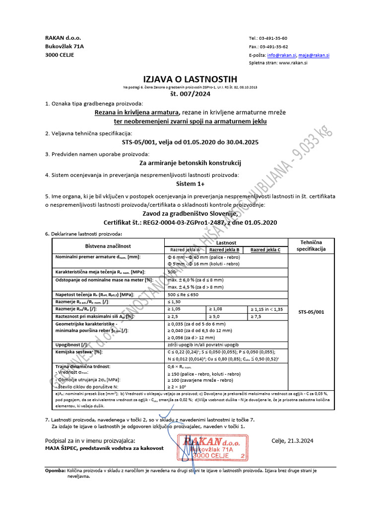 Izjava o Lastnostih - Armatura | PDF