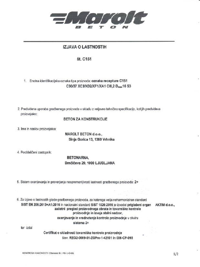 Izjava o Lastnostih - Beton | PDF