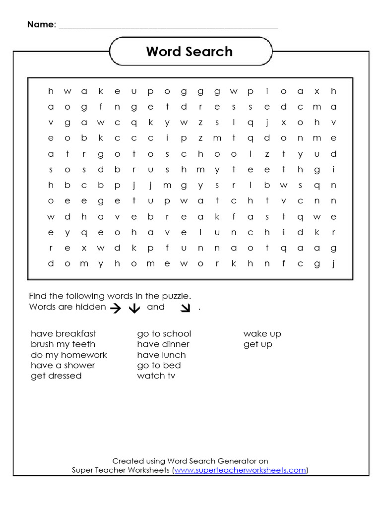 Daily Routine Word Search Puzzle | PDF | Word Search | Word Puzzles