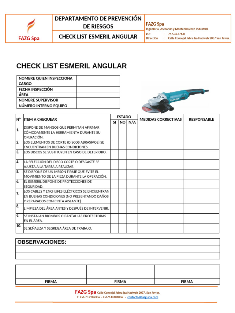 Checklist de Seguridad para Esmeril Angular | PDF