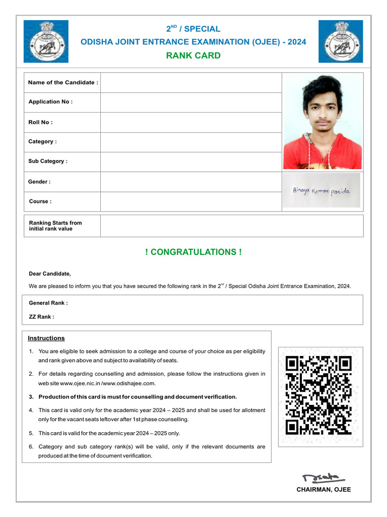 Rank Card: 2 / Special Odisha Joint Entrance Examination (Ojee) - 2024 ...