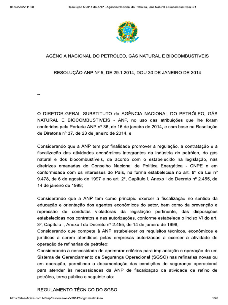 Resolução ANP 5 - 2014 - SGSO Refino | PDF