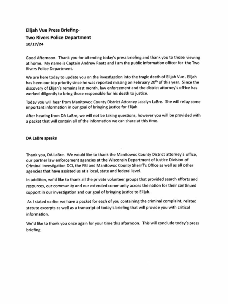 Vang-Baur Complaint Elijah Vue Death Investigation | PDF