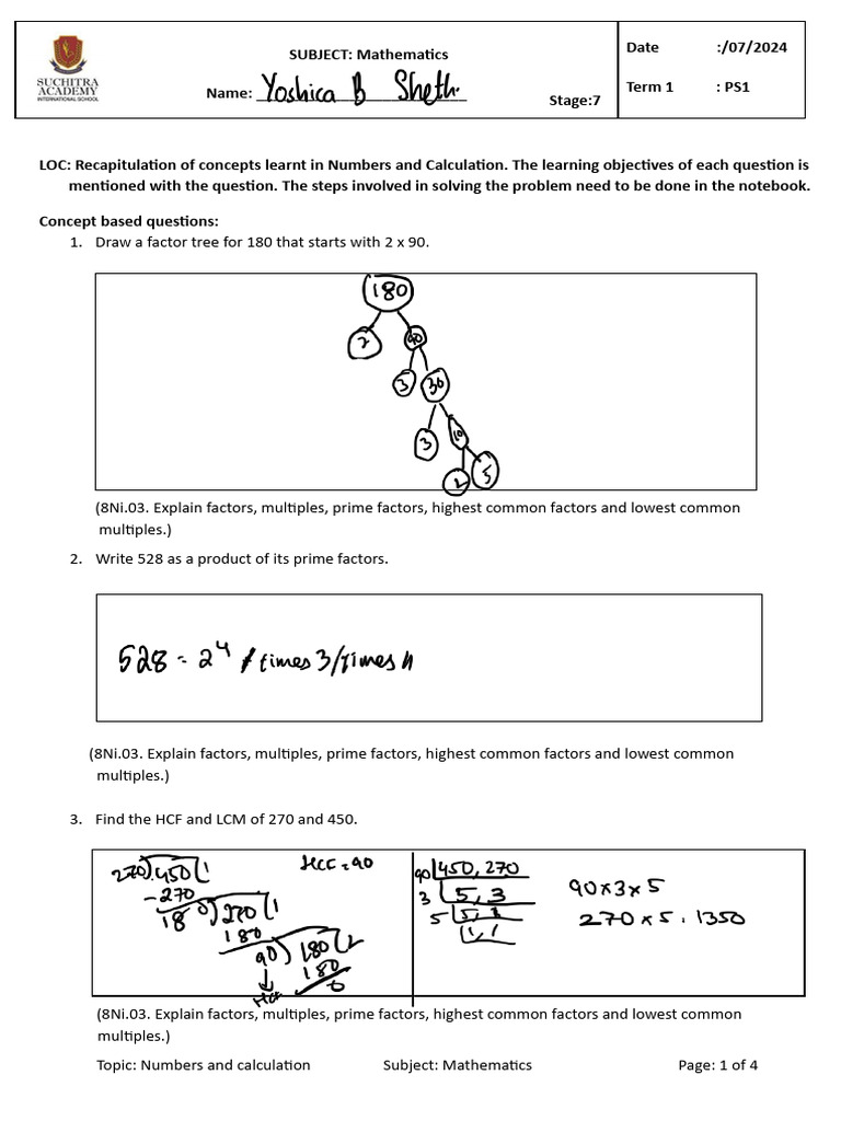 2024-25 - Stage 7 - Mathematics - Term1 - PS1. | PDF | Numbers | Multiplication