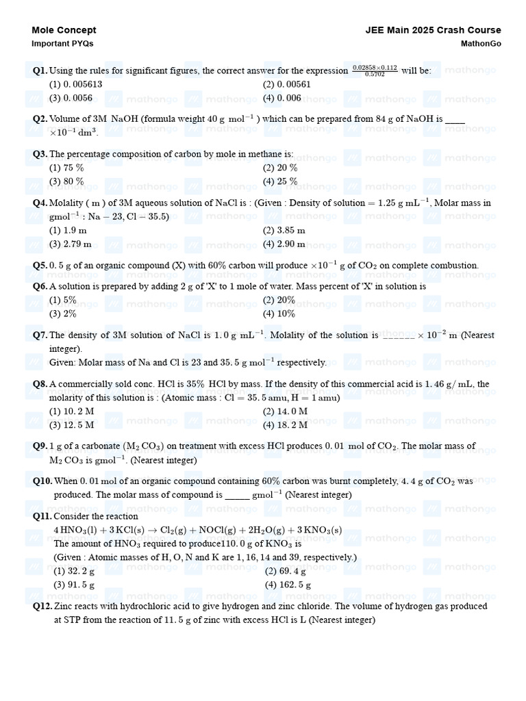 Important PYQs - Mole Concept | PDF | Mole (Unit) | Chemical Compounds