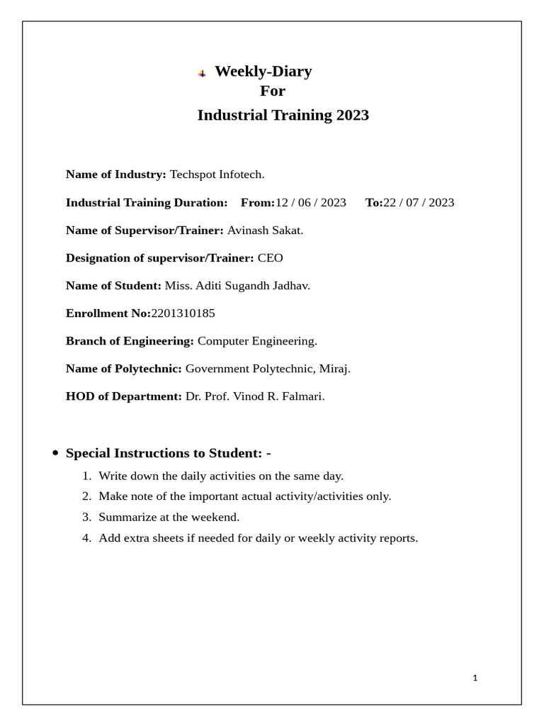 Industrial Training in AIML Weekly Diary | PDF | Parameter (Computer ...
