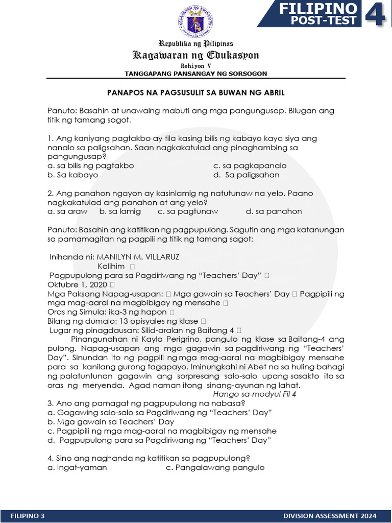 G4 Filipino Post Test Abril | PDF