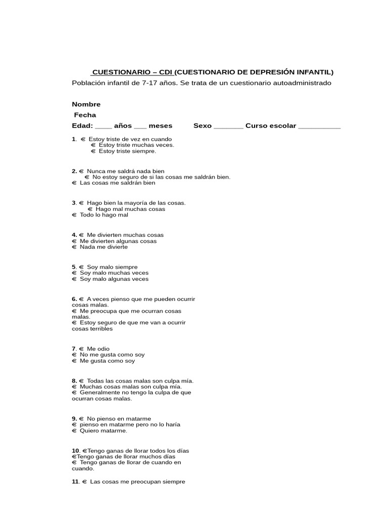Cuestionario de Depresión Infantil (Cdi) | PDF | Autosuperación