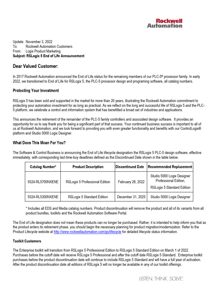 RSLogix 5 End of Life Letter - Nov2022 | PDF | Automation | Software