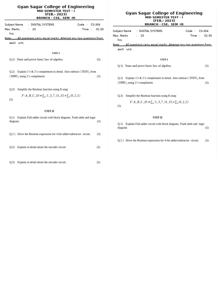 CS-304 Digital Systems Mid Sem - I Oct 2023 | PDF | Boolean Algebra ...