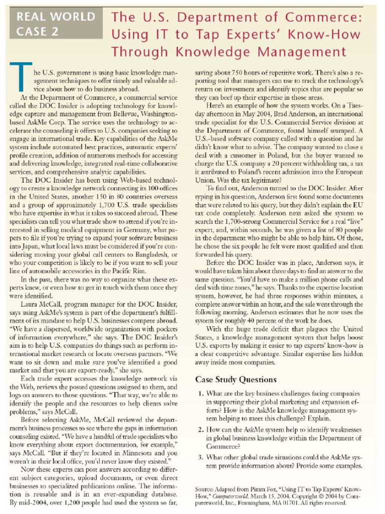 Knowledge Management Case Study MIS Course | PDF