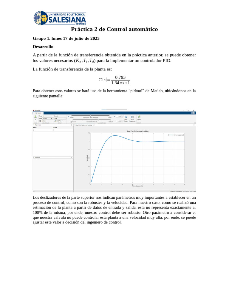 Práctica 3 de Control Automático. G1. Santiago Reinoso | PDF | Matemáticas Aplicadas