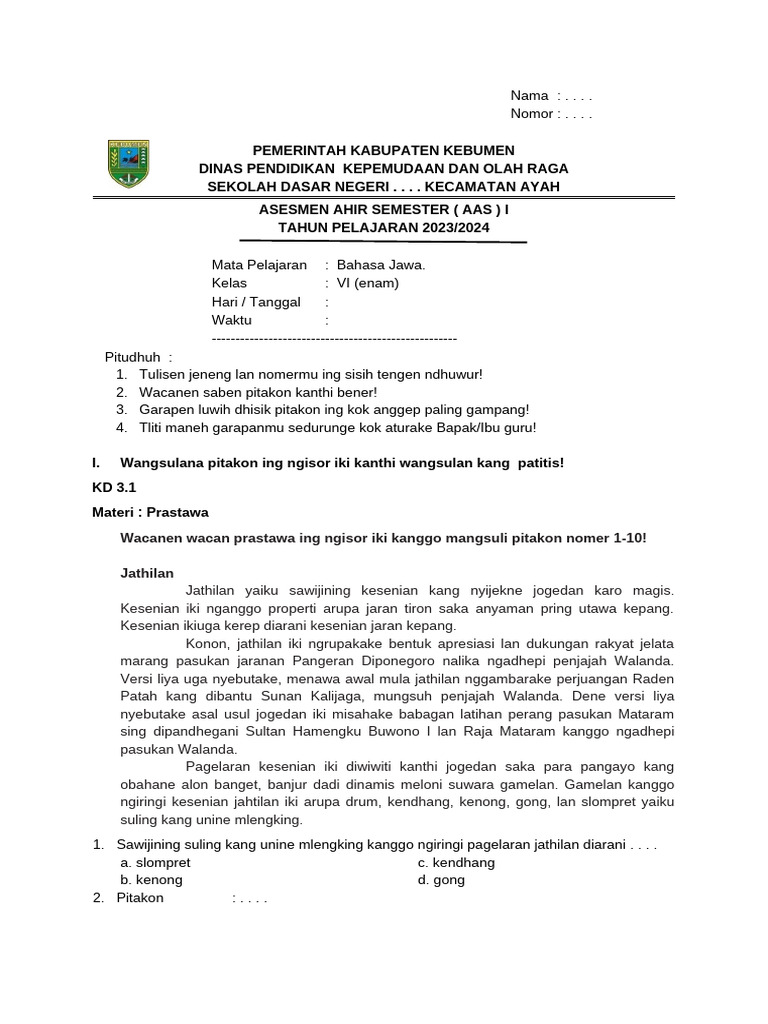 Soal AAS 1 B. Jawa Kls VI | PDF | Seni