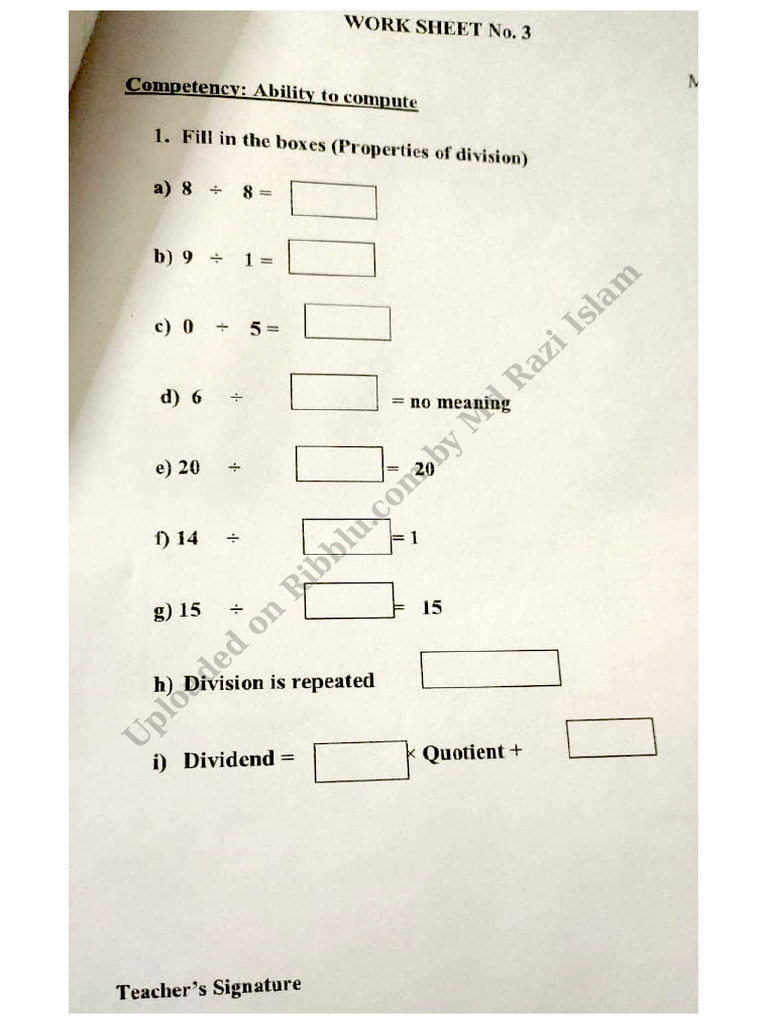 Division Sums For Class 3 Maths Worksheet 2020 | PDF