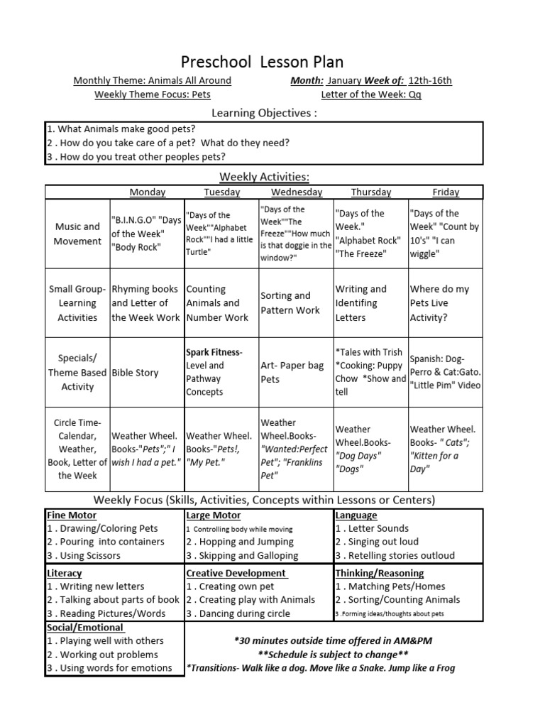 Preschool Monthly Lesson Plan | PDF | Pet