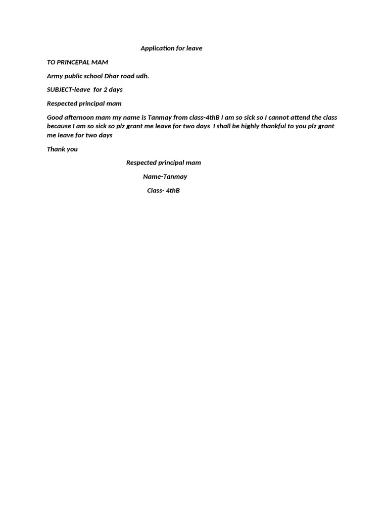 Leave Application for Class 4 Student | PDF