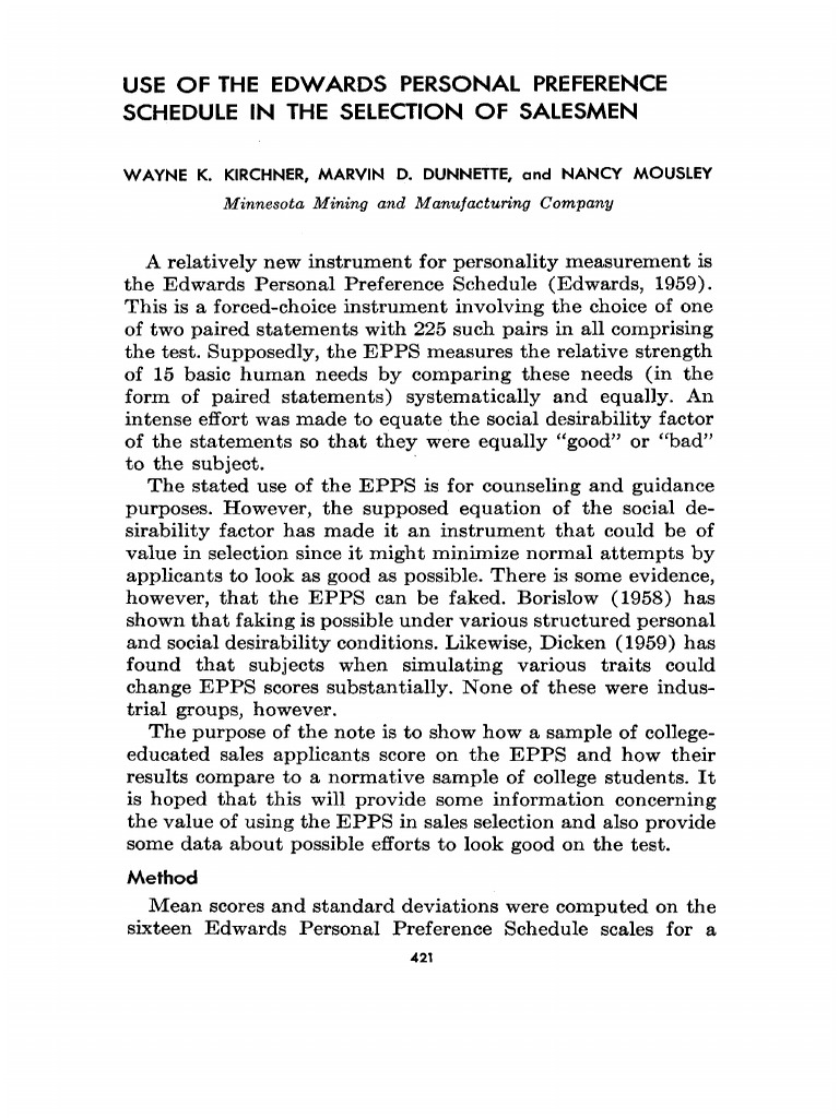 Edwards Personal Preferance Scale | PDF | Standard Deviation | Psychology