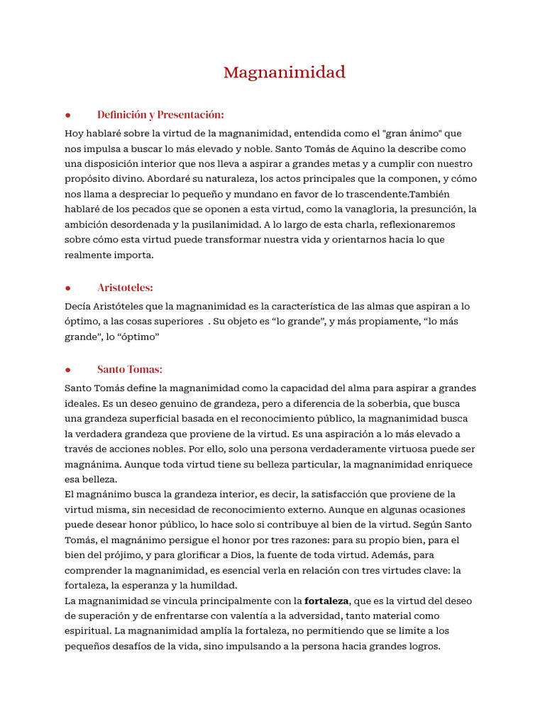 Virtud de la Magnanimidad y Sus Desafíos | PDF | Virtud | Tomás de Aquino