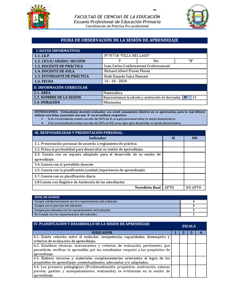 FICHA de O. N°1 | PDF | Evaluación | Aprendizaje