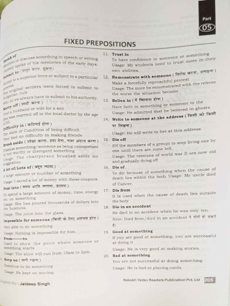 Fixed Preposition English by Jaydeep Sir | PDF | Linguistics