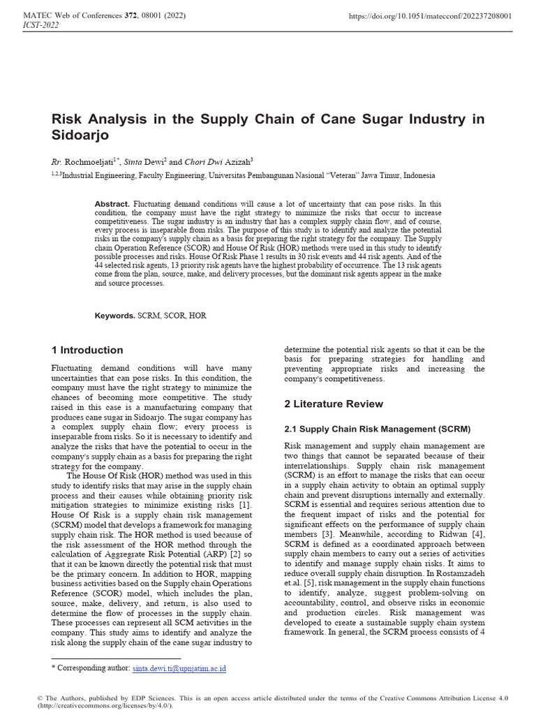 Risk Analysis in The Supply Chain of Cane Sugar in | PDF | Supply Chain ...