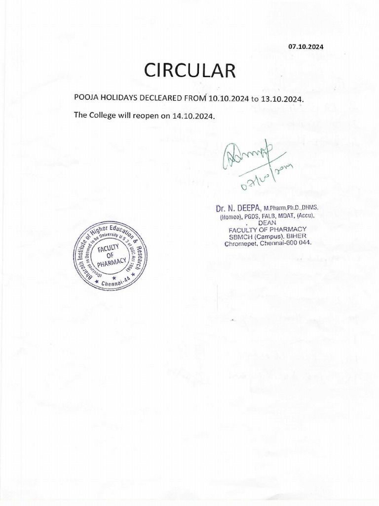 Circular (Pooja Holidays) | PDF
