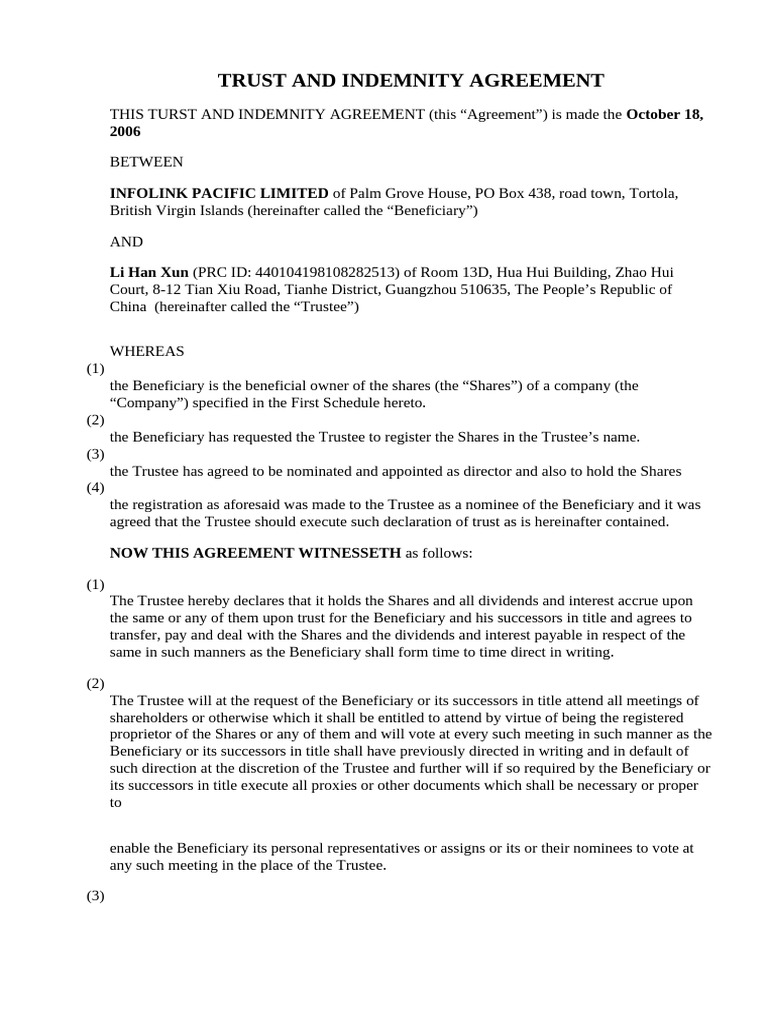 TRUST AND INDEMNITY AGREEMENT | PDF | Trustee | Corporations
