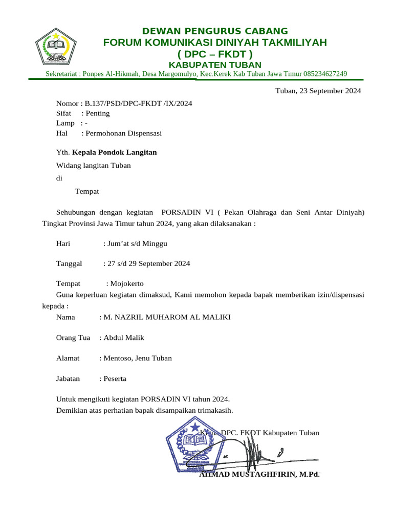 Surat Permohonan Dispensasi | PDF