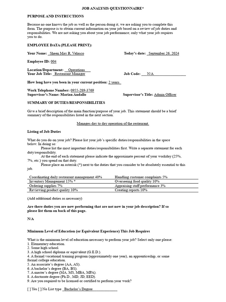 Format Job Analysis Questionnaire | PDF | Bachelor's Degree | Academic ...