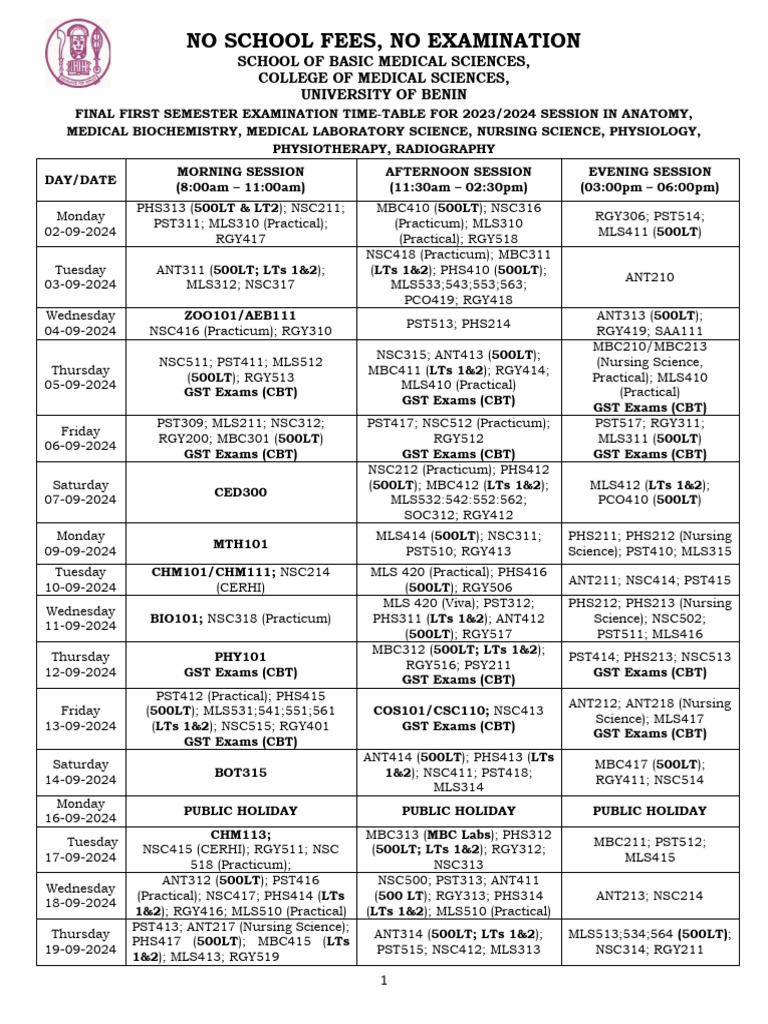 Final First Semester SBMS 23 - 24 Exam Time-Table - 26 - 08 - 2024 ...